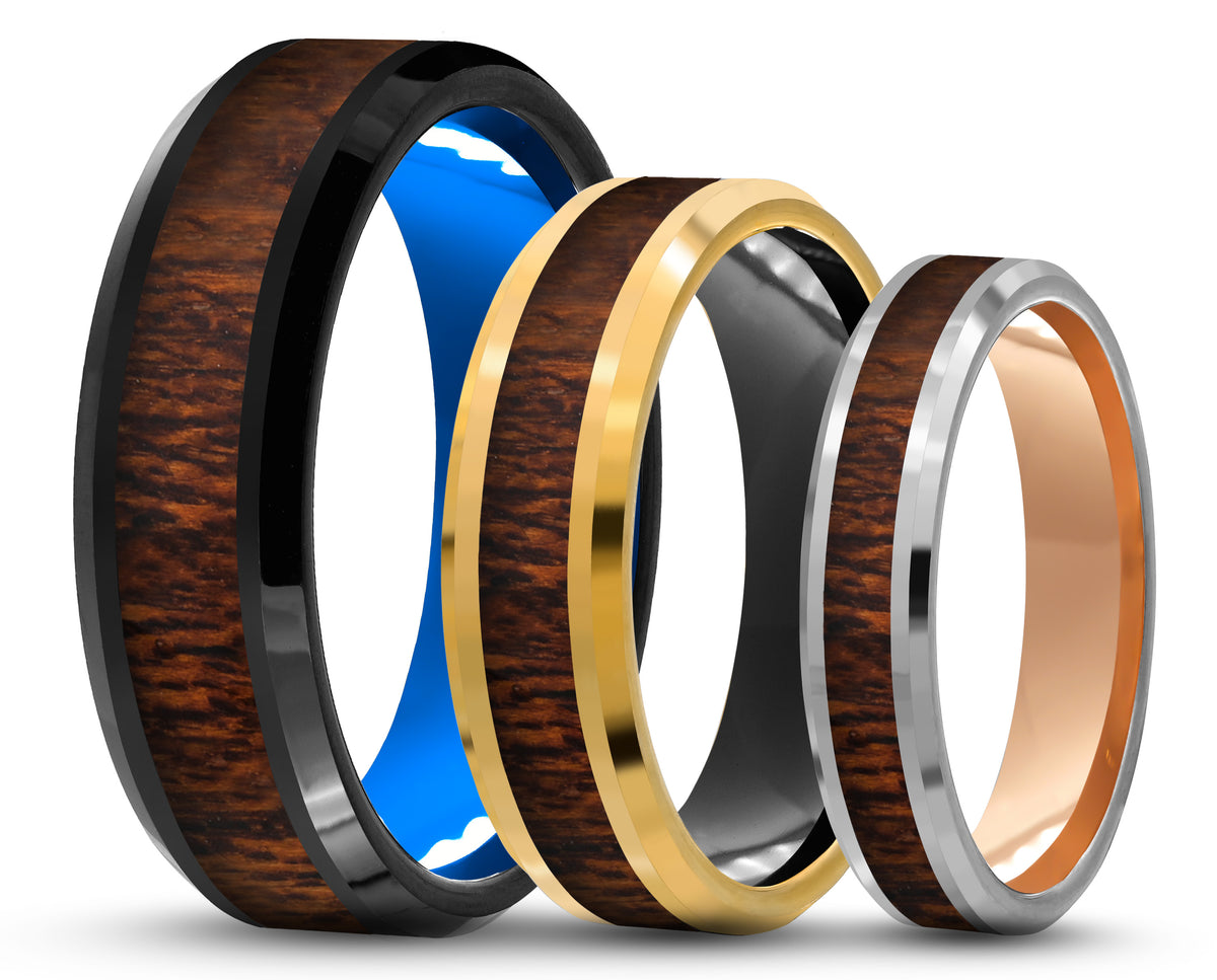 Custom Bevelled Koa Wood Tungsten Ring | Wedding Bands | Elk and Cub