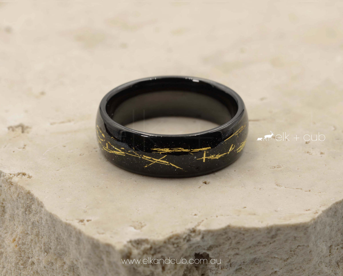 Black Tungsten Ring With Gold Scratches | 8mm | Wedding Band – Elk and Cub