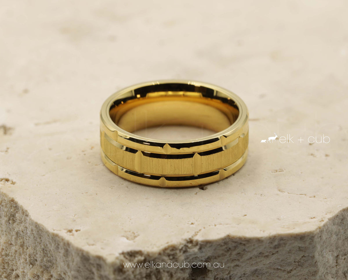 Gold Titanium Ring With Horizontal Grooves | Wedding Band | 8mm – Elk ...